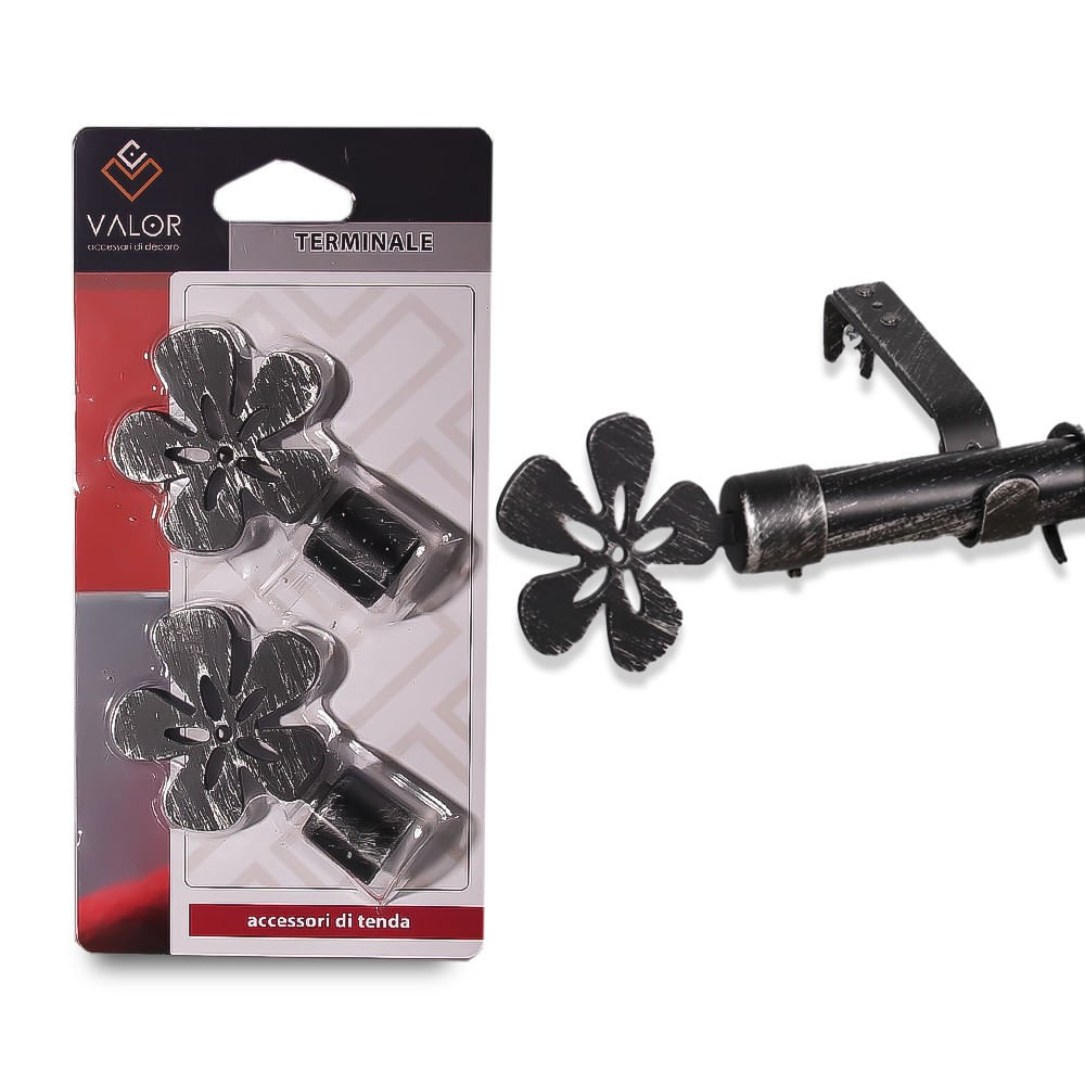 Set de 2 Terminales Para Barra de Cortinas Flor Negro Vintage 20 mm