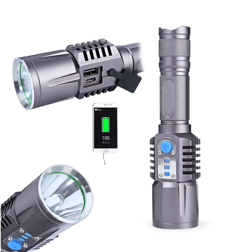 Linterna Táctica LED USB Carga Celular 1200 LM Recargable 5 Modos