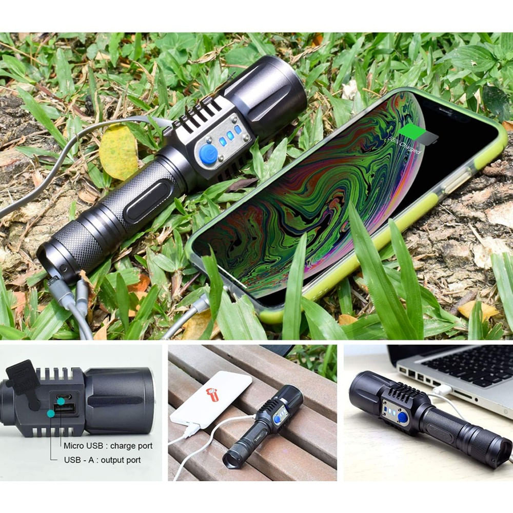 Linterna Táctica LED USB Carga Celular 1200 LM Recargable 5 Modos