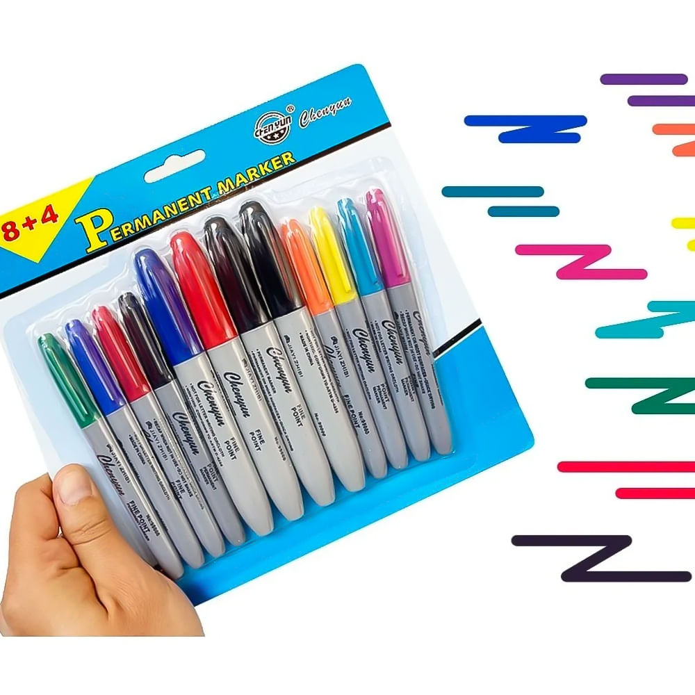 Set de 8+4 Marcadores Permanentes Chengun Punta Fina 00950