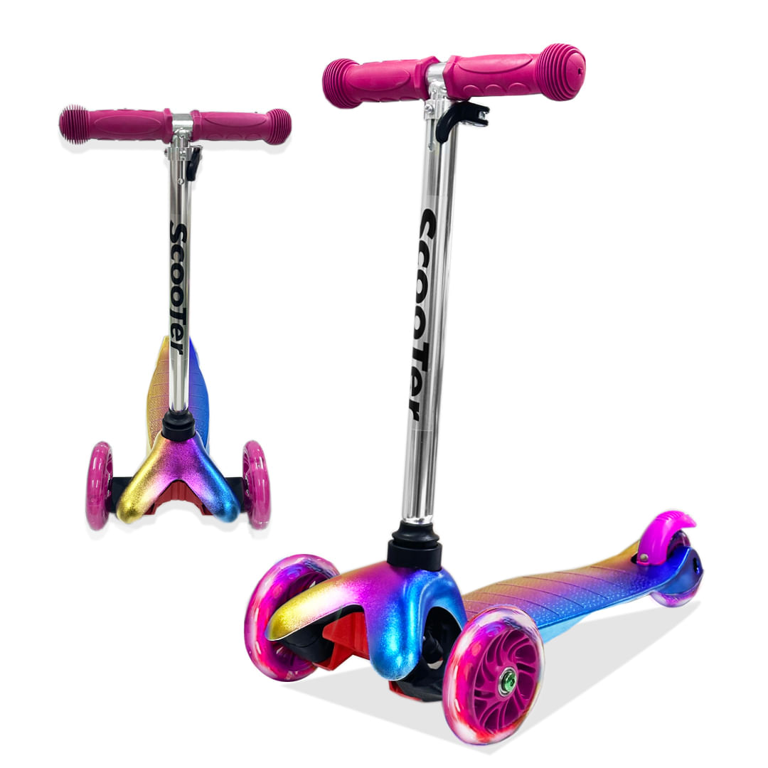 Scooter Monopatín Ajustable Luz LED 3 Ruedas Rosa Tornasol