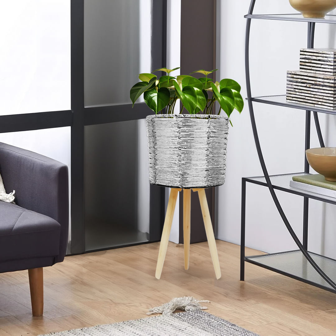 Macetero Mimbre Sintético de 29cm Plata para Plantas Jardín Grande