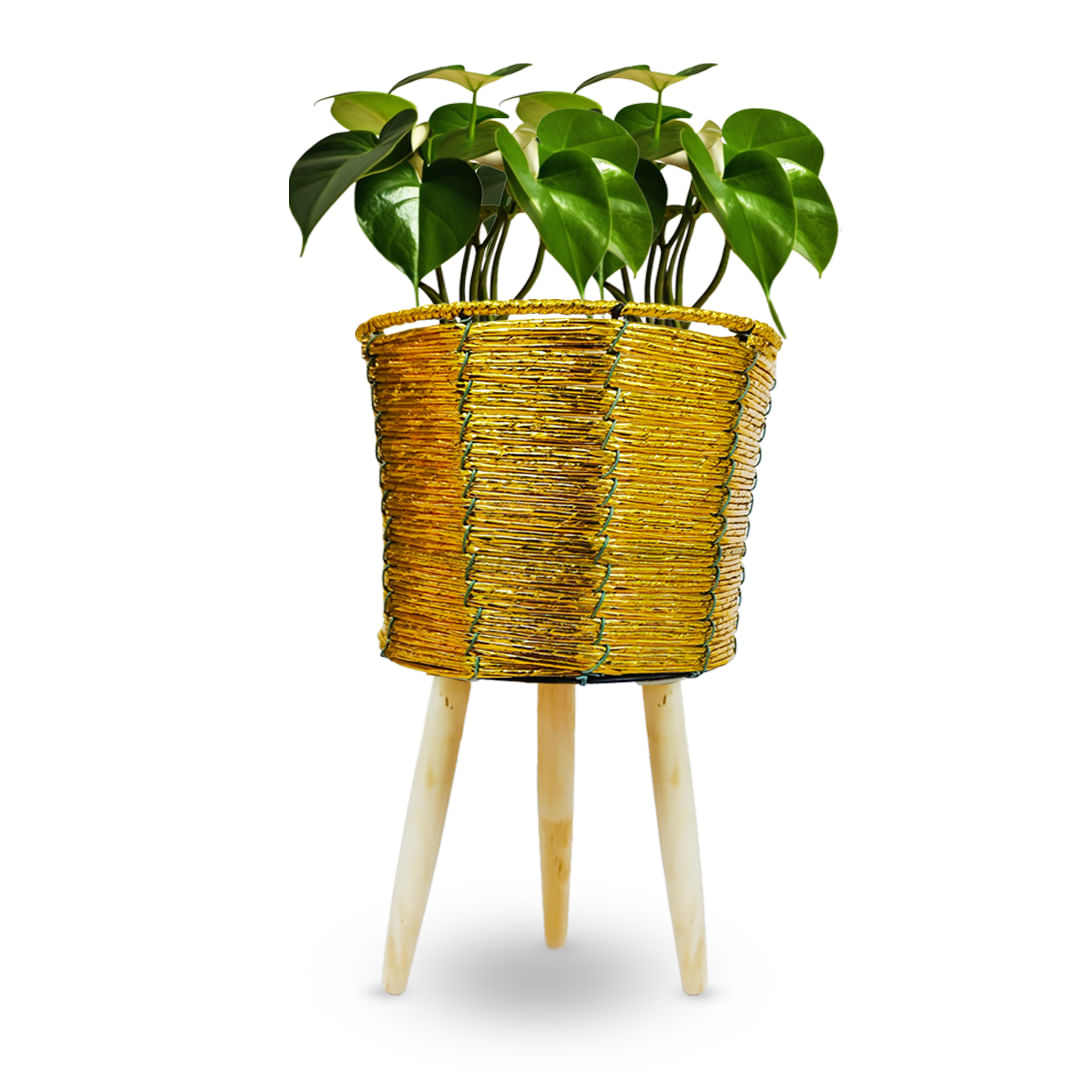 Macetero Mimbre Sintético de 25cm Oro para Plantas Jardín Mediano