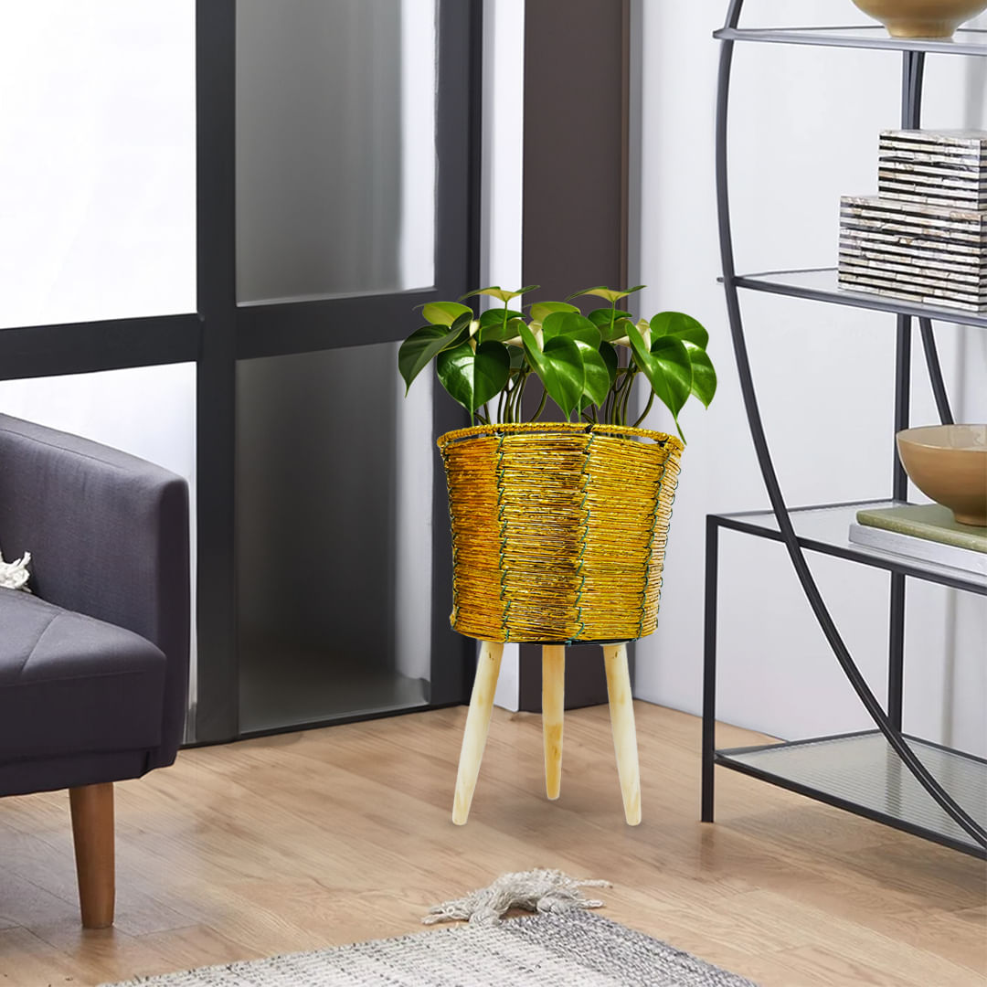 Macetero Mimbre Sintético de 25cm Oro para Plantas Jardín Mediano