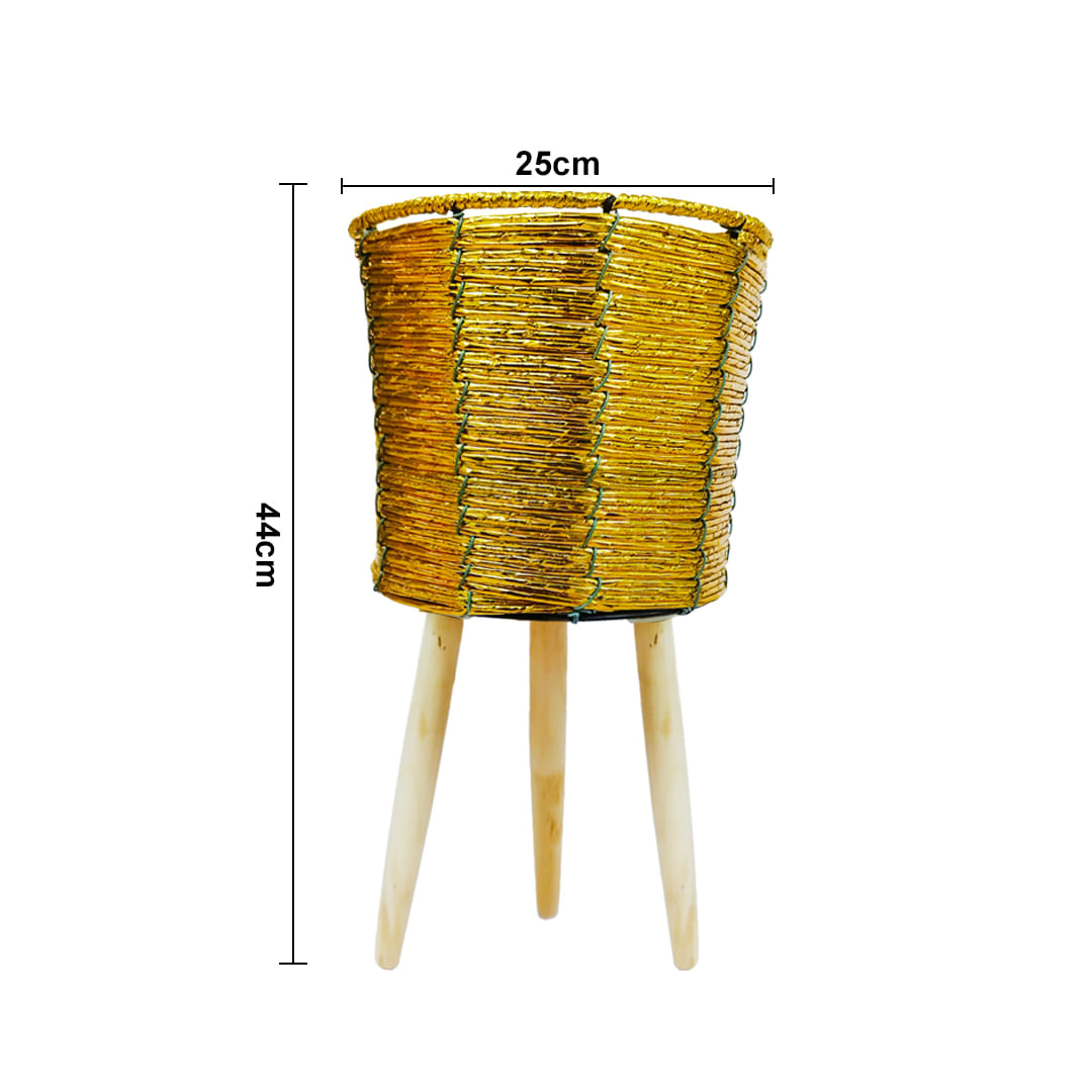 Macetero Mimbre Sintético de 25cm Oro para Plantas Jardín Mediano