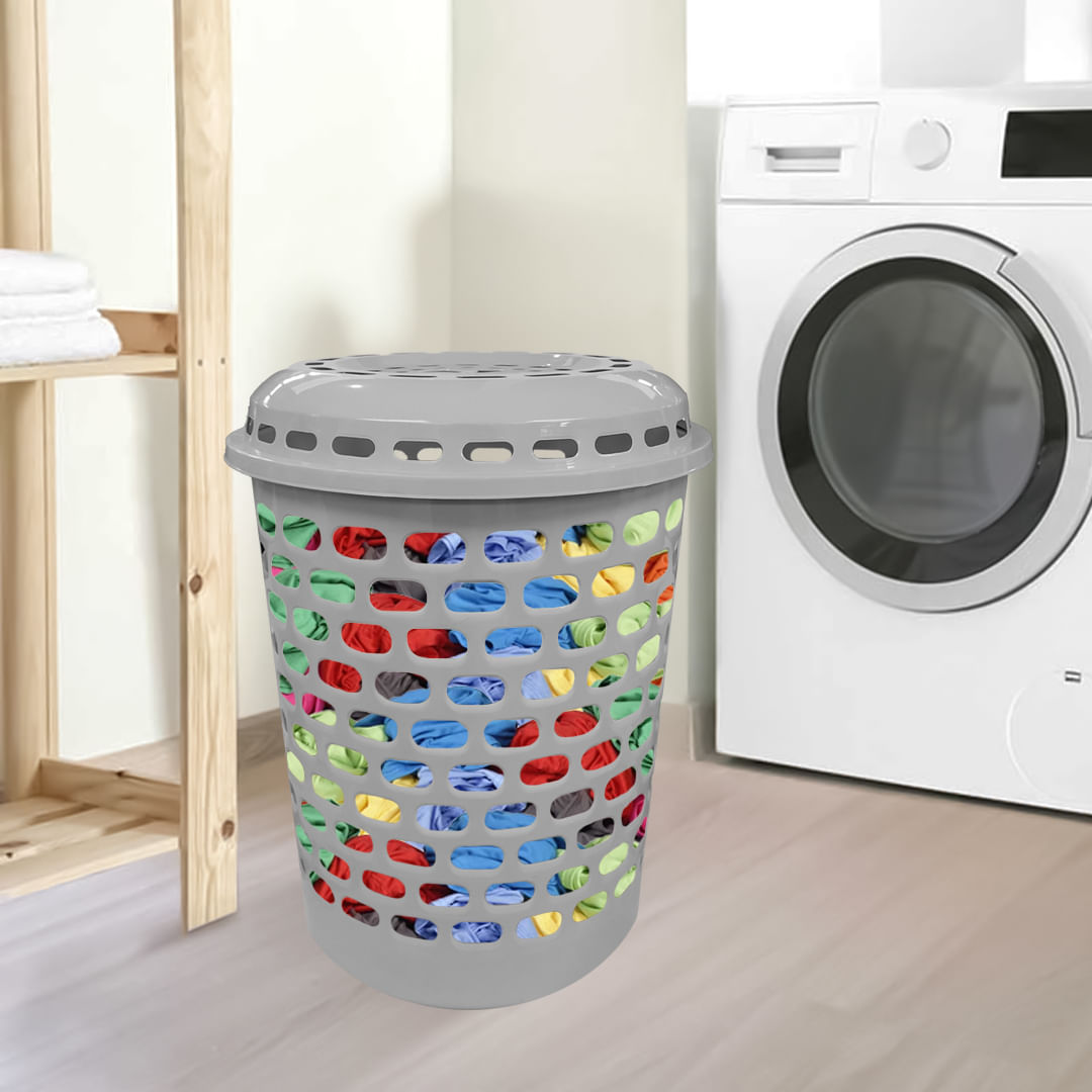 Cesta Canasto Organizador de Ropa con Tapa Plástico Gris