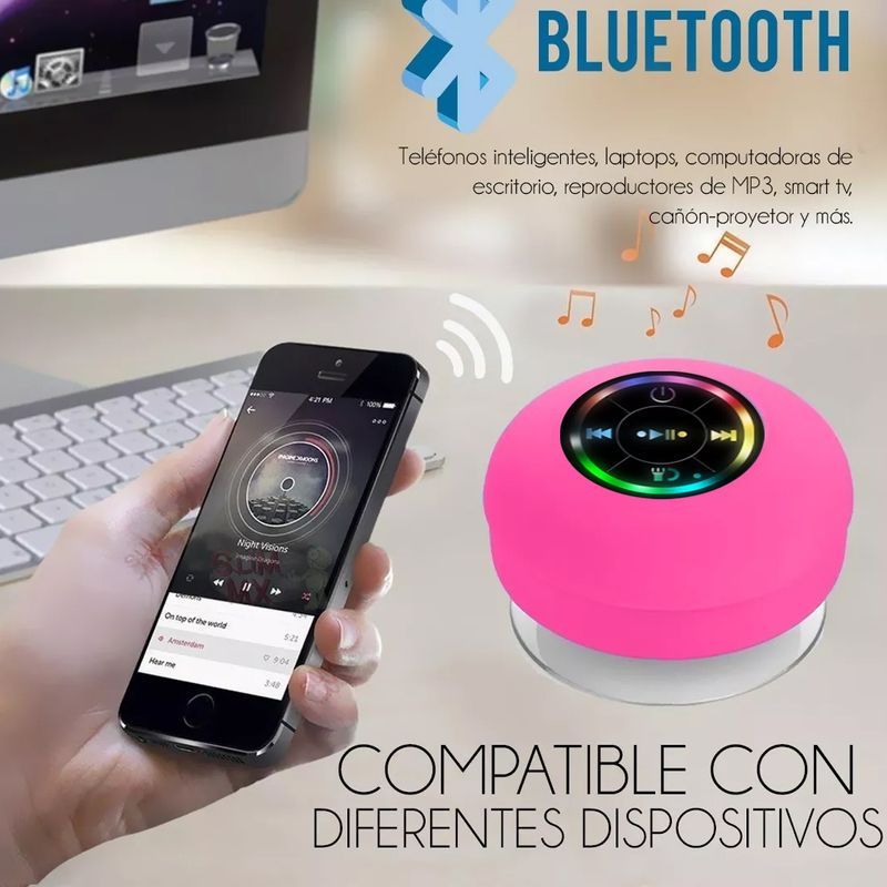 Parlante Bluetooth Ducha Resistente Al Agua Microfono Luz Rgb Rosa