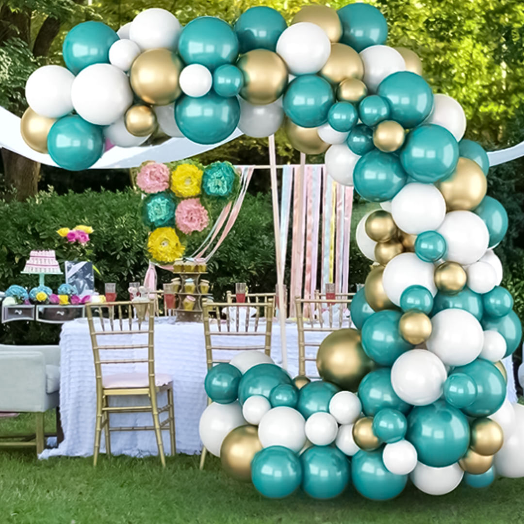 Set 110 Globos Decorativos Turquesa Dorado Blanco