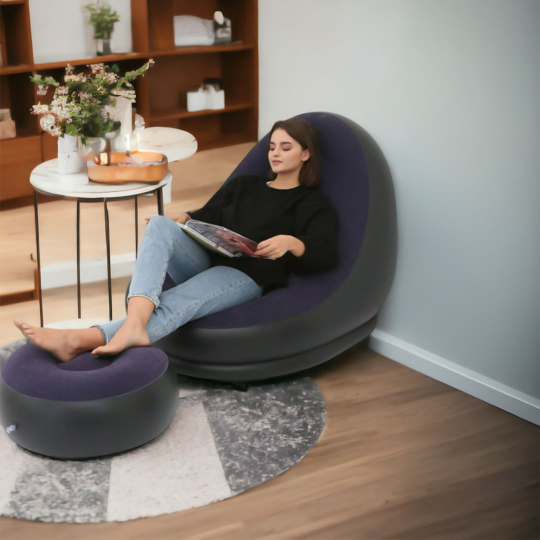Sofá Sillón Tumbona Inflable con Reposapiés Azul
